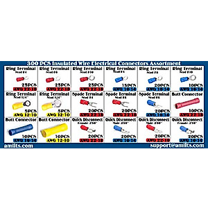 Amlits 300 PCS Insulated Wire Electrical Connectors - Butt, Ring, Spade, Quick Disconnect - Crimp Terminals Connectors Assortment Kit