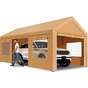 Carport Canopy 10x20 Heavy Duty with Roll-up Ventilated Windows & Doors, Portable Garage with Removable Sidewalls - Boat Shelter Wedding Party Tent Storage Shed Beige