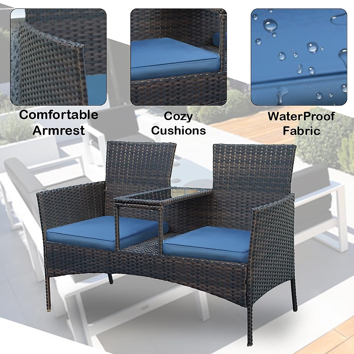Outdoor Patio Rattan Loveseat with Cushions and Integrated Coffee Table - Weather Resistant 2 Seat Perfect for Garden, Lawn, and Backyard Leisure (Brown Rattan,Dark Blue Cushion)