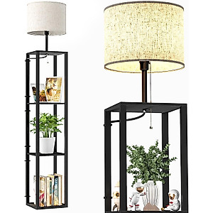 luckystyle Shelf Floor Lamp with Led Bulb, Corner Display Solid Wood Standing Lamp,White Linen Shade Column Floor Lamp with Shelves, 3 Tiered Storage Floor Lamps for Living Room, Bedroom Office