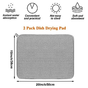 Dish Drying Mat for Kitchen Counter,Absorbent Drain Mats with Mircofiber,Dish Drying Pad,20"x15",2 Pack Grey