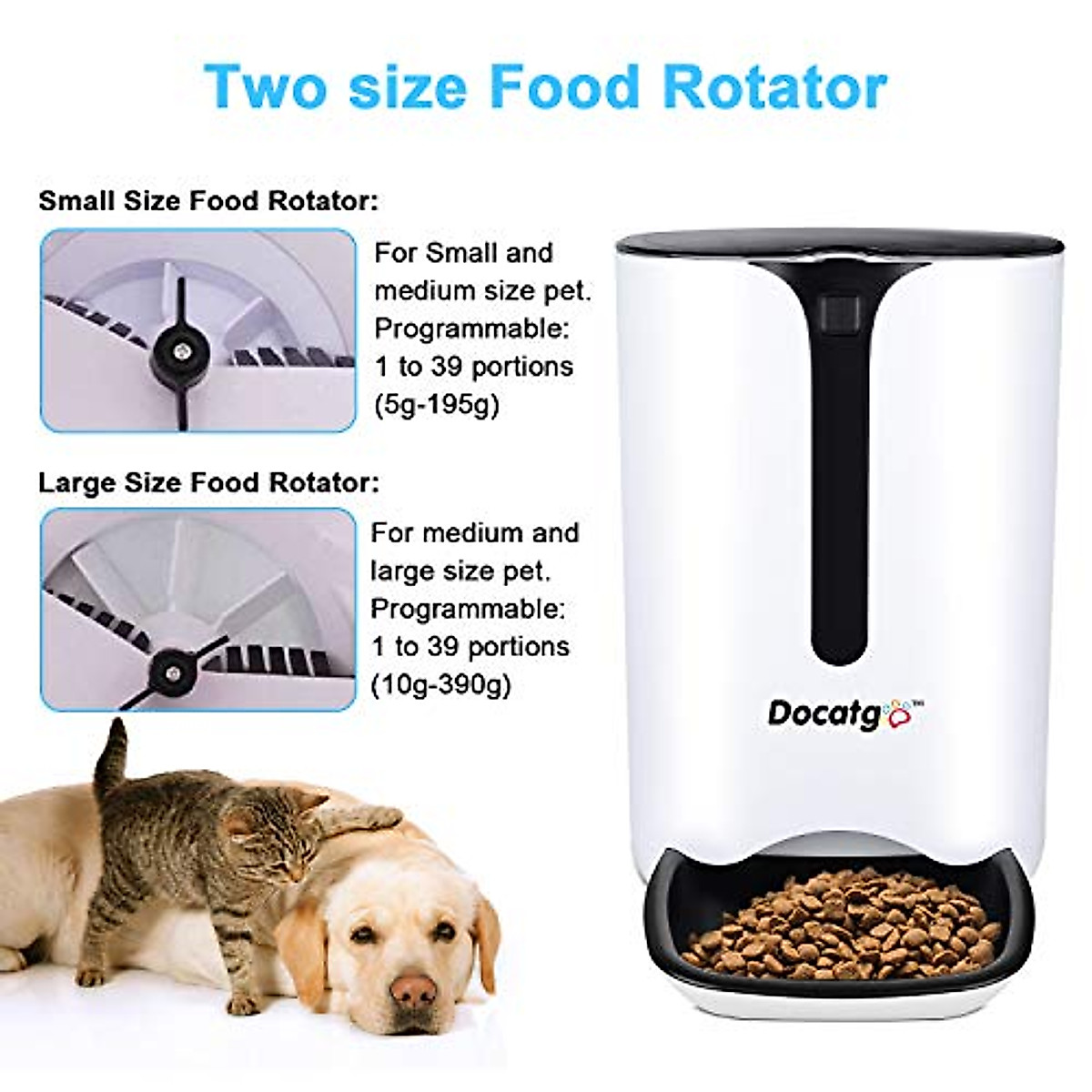 Aeiniwer Docatgo Automatic Cat Dog Food Dispenser Feeder for Small Pets with Distribution Alarms, Portion Control, Voice Recorder and Programmable Timer for up to 4 Meals per Day