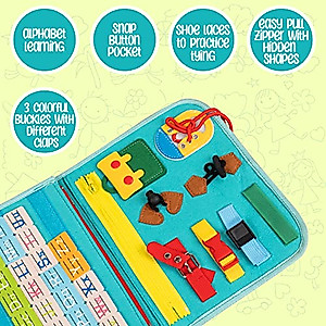 Montessori Busy Board for Toddlers with Buckles, Shoe Laces, Buttons, Zippers, Numbers & More - Sensory Board to Keep Kids Busy During Plane & Car Travel or in Waiting Rooms 001