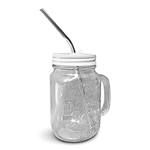 Home Suave Mason Jar Mugs with Handle, Regular Mouth, White Lids with 4 Reusable Stainless Steel Straw, Set of 4 (White), Kitchen GLASS 16 oz Jars, Dishwasher Safe