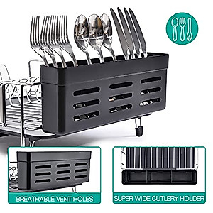 TOOLF Stainless Steel Dish Drying Rack, Kitchen Sink Organizer and Drainboard Set, Large Capacity Dish Drainer Kitchen Accessories with 360° Swivel Spout, Cup Holder & Cutlery Box, One Piece