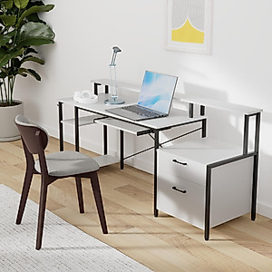 Rolanstar Computer Desk 59" with File Drawer, Gaming Desk with LED Light & Power Outlets, Home Office Desk with File Cabinet & Storage Shelves, with Monitor Stand & Keyboard Tray, White