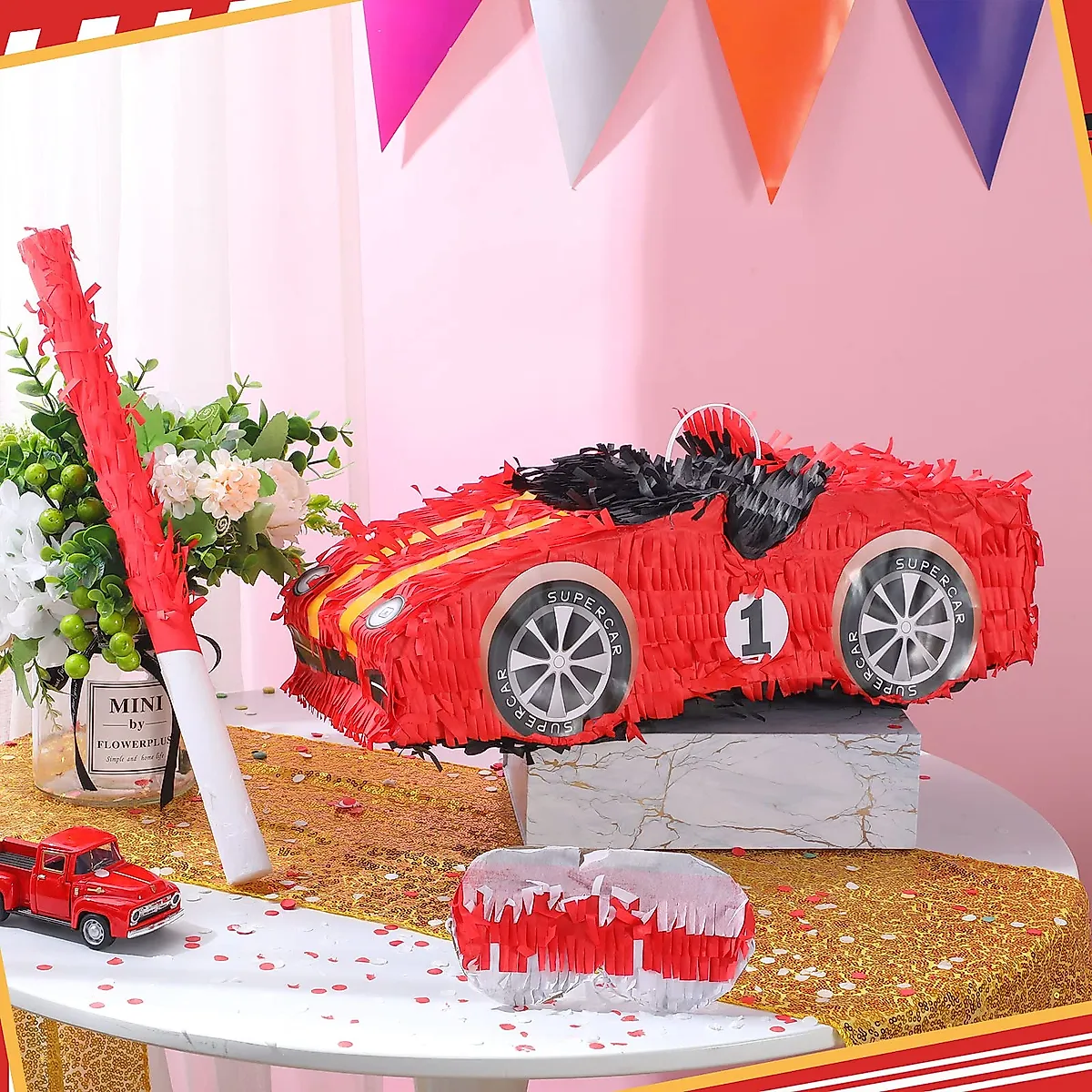 Race Car piñata with Blindfold Bat Confetti, 16 x 5 x 7'' 3D Car piñata Mexican Race Car Birthday Party Supplies Exciting Race Car Party Games for Boy Girl Baby Shower Back To School Photo Booth Prop