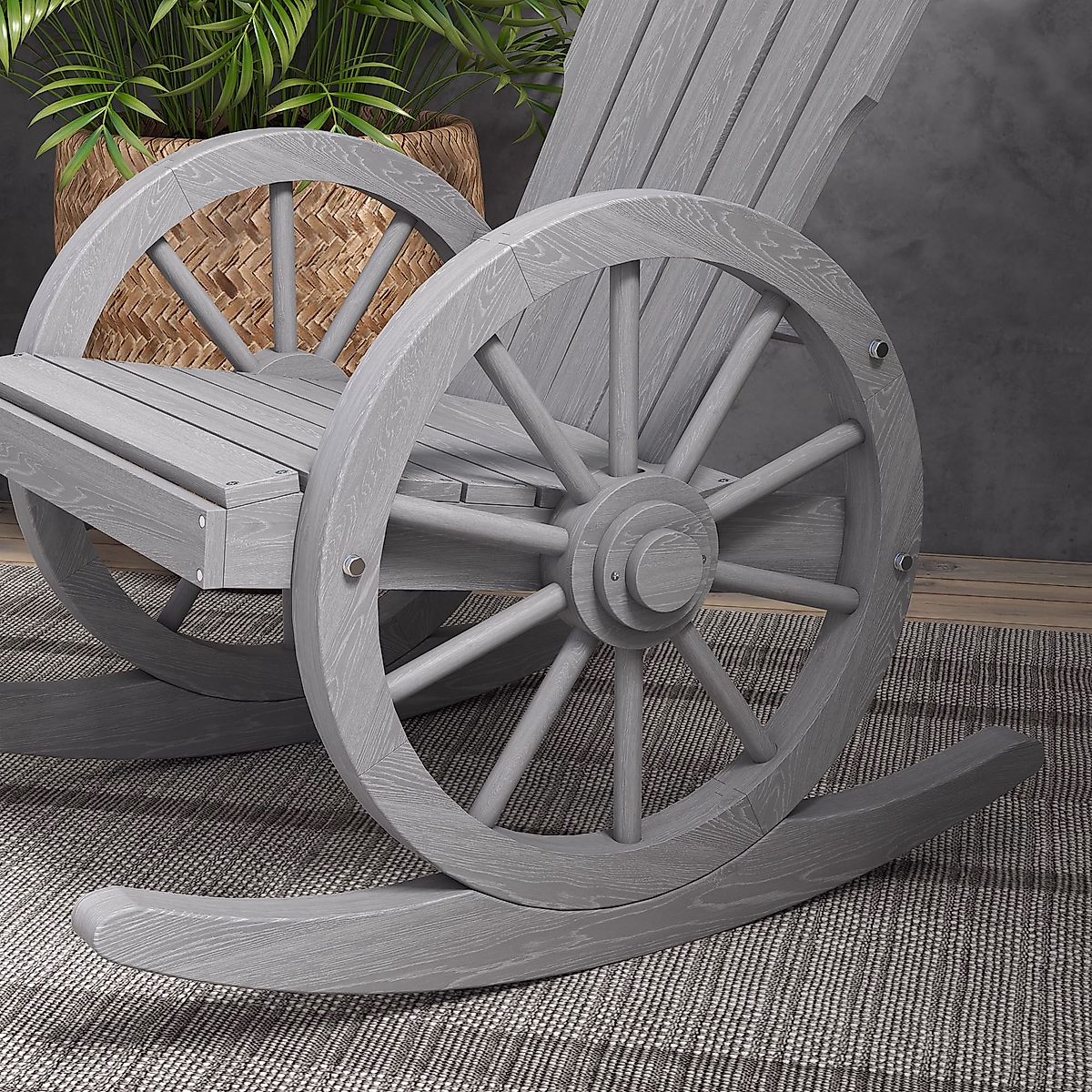 Outsunny Wooden Rocking Chair, Adirondack Rocker Chair w/Slatted Design and Oversized Back, Outdoor Rocking Chair with Wagon Wheel Armrest for Porch, Poolside, and Garden, Gray