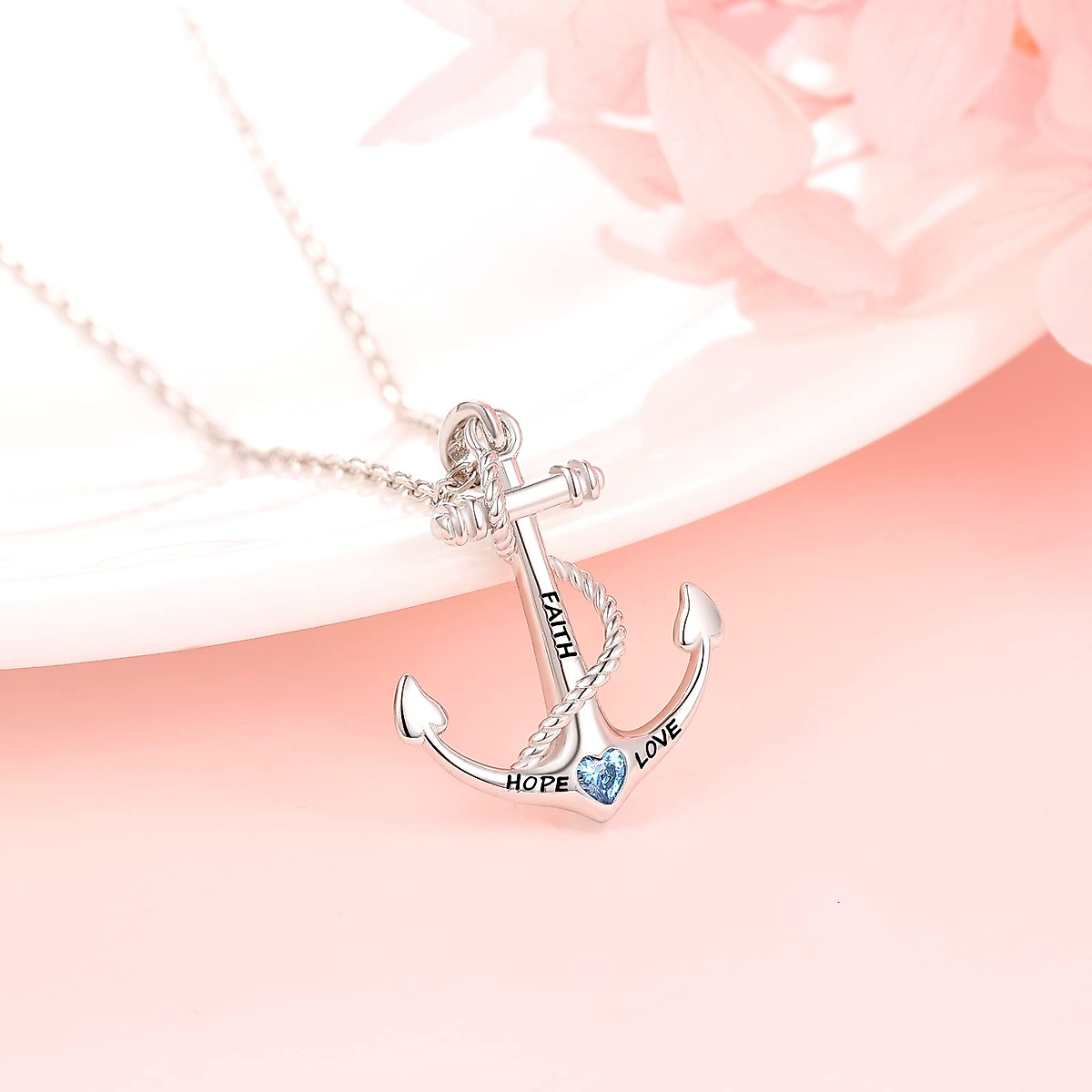 925-Sterling-Silver Sailor Anchor Necklace for Women - Engraved Ship Nautical Jewelry White Gold Plated Chain Faith Hope Love Inspirational Navy Blue Heart Cubic Zirconia Pendant Gifts