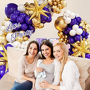 FOTIOMRG Purple and Gold Balloons Garland Arch kit with 3pcs Star Balloon, Metallic Gold Dark Purple White Balloons for Wedding Birthday Baby Shower Anniversary 2024 Graduation Party Decorations