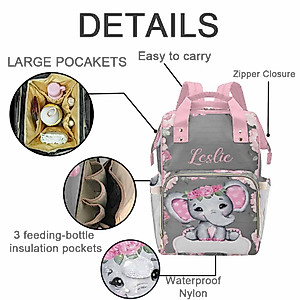 InterestPrint Personalized Baby Elephant with Pink Rose Flowers Diaper Bag Nursing Baby Bags Nappy Bag Travel Daypack for Mom Dad Girl