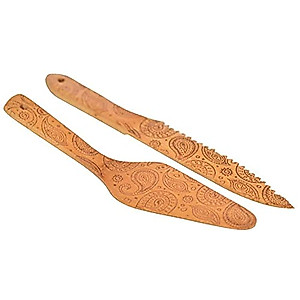 Natural Bamboo Wood Cake Knife and Serving Set, Patterned Serrated Knife and Spatula, Cake Cutting Set, Stylish and Elegant