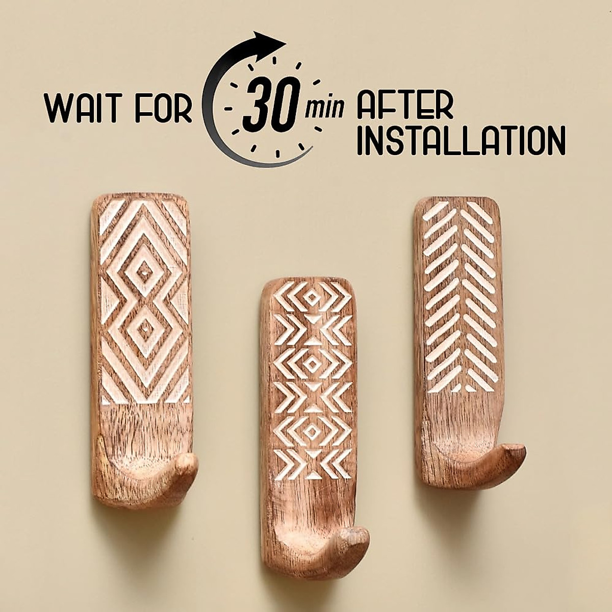 Indian Shelf 3 Pack No Damage Wood Wall Hooks- Adhesive Wall Hooks -Boho Key Decorative Wall Hooks for Hanging- Wood Hangers -Sticky Coat Hooks Wall Mount- Towel Hooks for Bathroom Wall Mounted-Style1