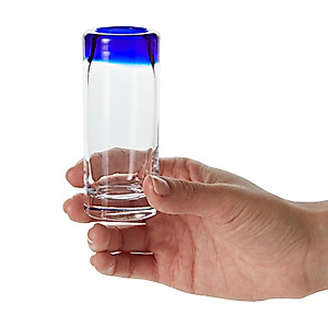 Okuna Outpost Set of 6 Hand Blown Mexican Double Shot Glasses, 2oz Cobalt Blue Rim Tequila Sipping Set