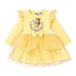 Disney Princess Belle Baby Girl Dress Tulle Tutu with Bow Long Sleeve Birthday Clothes Theme Party Dress Up Dresses Yellow 6-9 Months
