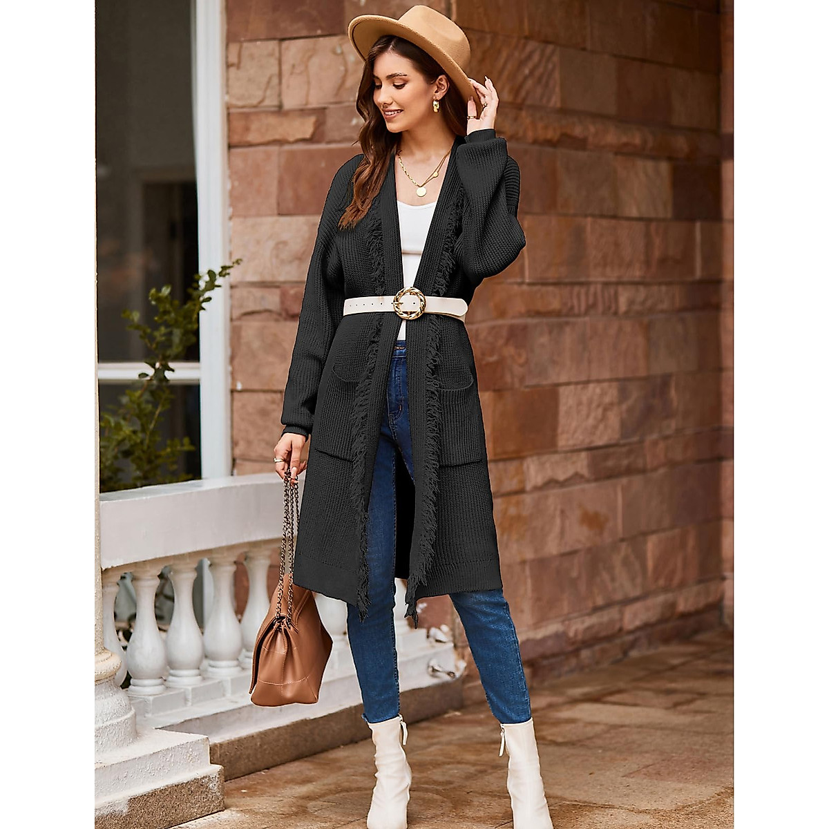 Women's Open Front Knit Cardigans Lapel Long Lantern Sleeve Chunky Knit Sweater Coat Cozy Slouchy Cardigan with Pockets(Black,XL)