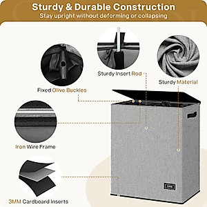 SOLEDI Luxury Double Laundry Hamper with Lid and Handle, Laundry Basket 2 Section with Removable bag, Collapsible Dirty Clothes Hampers for Laundry, Bedroom, Dorm, College