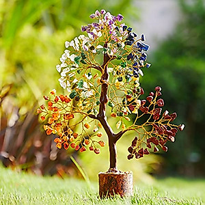 YUVDIPR Seven Chakra Crystal Bonsai Tree of Life Buddha Healing Generator Feng Shui Reiki Balancing Generator Spiritual Room Wealth Office Desk Gift Bonsai Homed Décor Gemstone Golden Wire 10-12 "