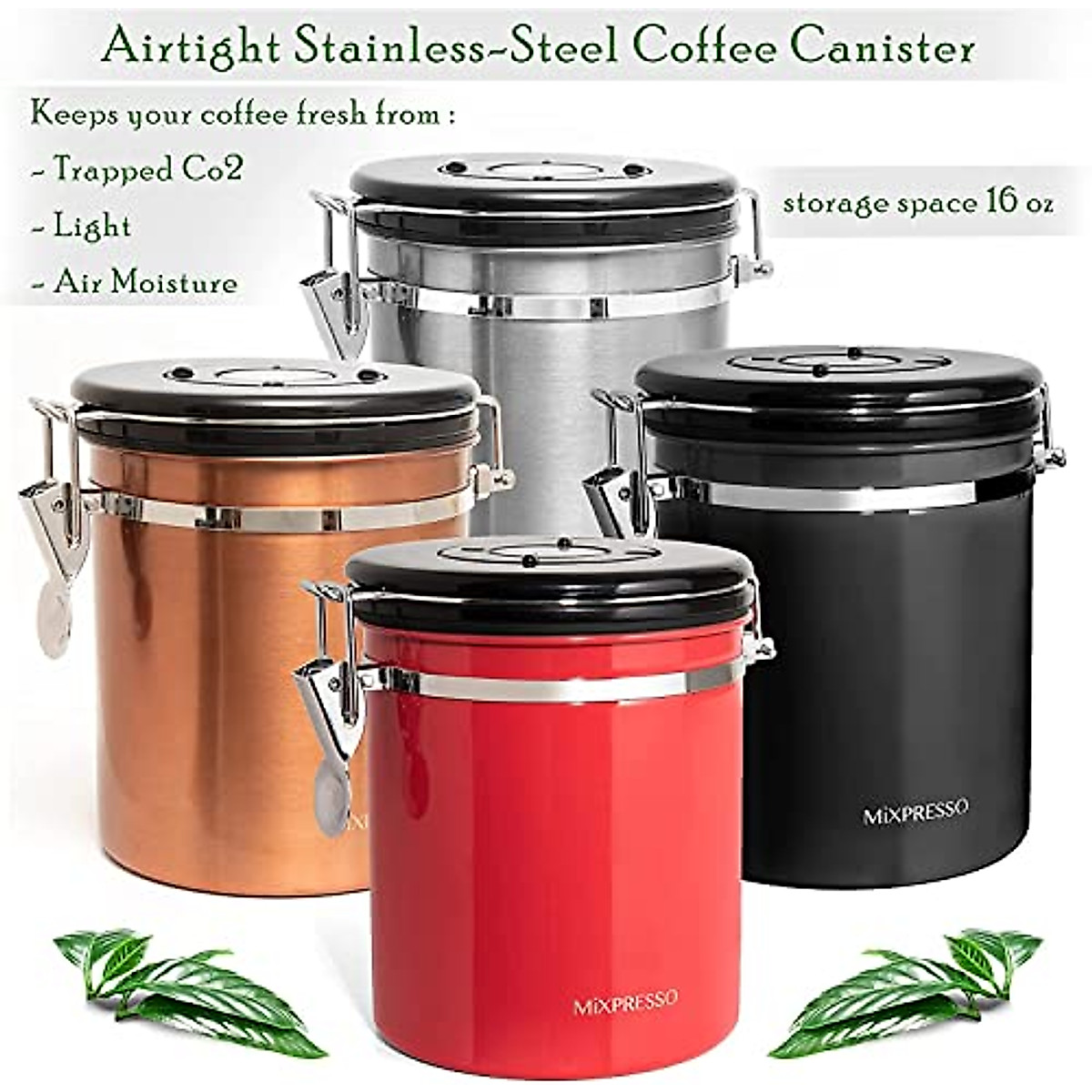 Mixpresso Bronze Stainless Steel Airtight Coffee Container with Date Tracking For All Types Of Coffee, Vacuum Sealed Airtight Container, Coffee Jar 16 Ounces, Coffee Grounds Container, Coffee Tin