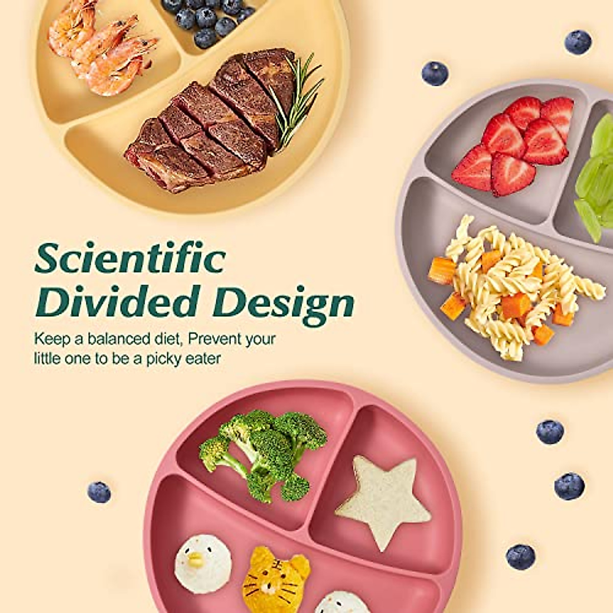 3 Pack Suction Plates for Babies & Toddlers Tameler Food Grade Silicone Divided Plates Set for Kids-Baby Led Weaning Supplies for Infants-Safety Tested-BPA Free-Microwave & Dishwasher safe