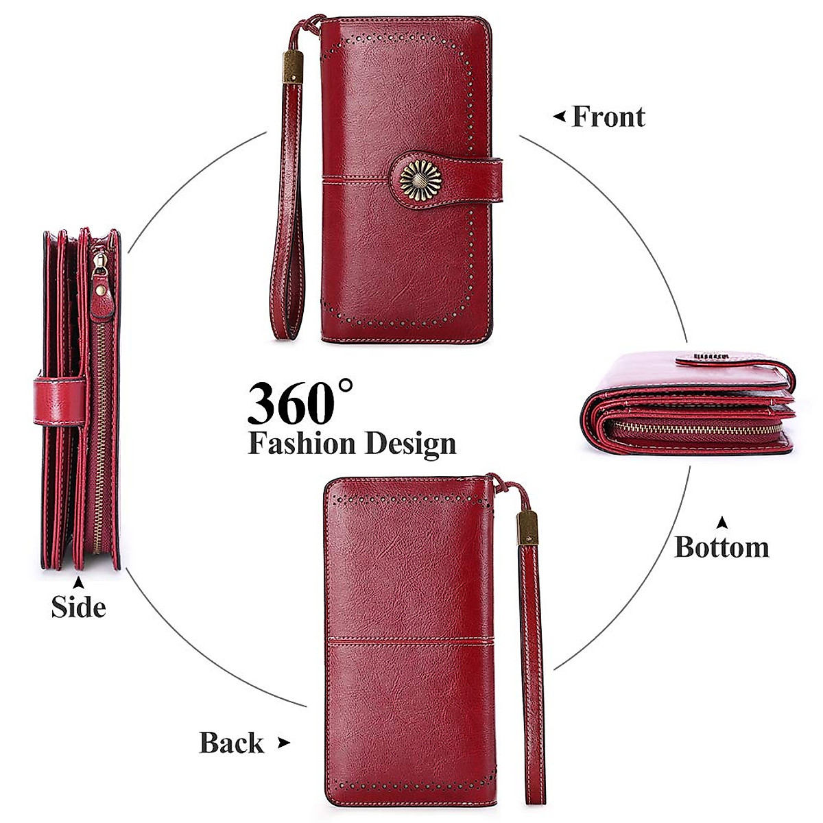 SENDEFN Genuine Leather Wallet for Women Clutch with Strap 24 Card Slots 2 ID Windows Cash Compartments 1 Zipper Pocket Credit Card Holder RFID Blocking Gift Box Included (Red-1)