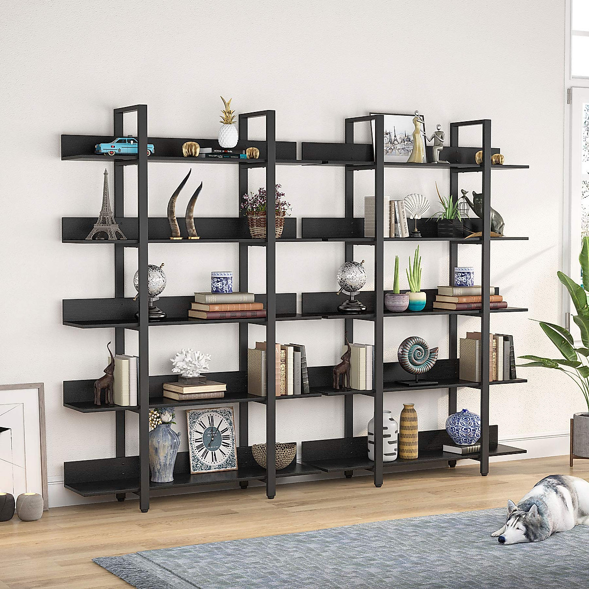 Tribesigns 5 Tiers Bookcase, 5-Shelf Industrial Style Etagere Bookcases and Book Shelves, Metal and Wood Free Vintage Bookshelf with Back Fence, Black