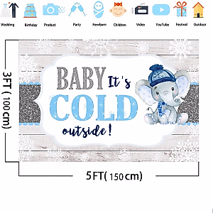 Mocsicka Baby It's Cold Outside Backdrop Rustic Floor Boy Girl Elephant Baby Shower Photography Background Winter White Snowflake Princess Newborn Cake Table Decoration Photo Booth (5x3ft)