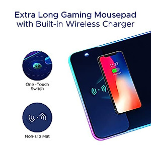 Juicy Chargers Extra Long RGB Non-Slip Wireless Charging mat with 10 Backlight Colors, Wireless Charger Mouse pad Supports Qi Mobile Devices for Home, Office and Gaming, Desk 12 x 35.5 inch