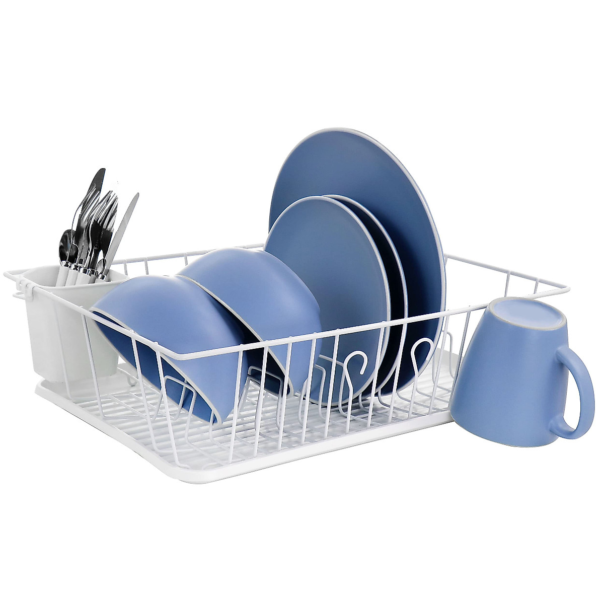 Megachef Chef Single Level Dish Rack with 14 Plate Positioners and A Detachable Utensil Holder, White DR-102 Silver