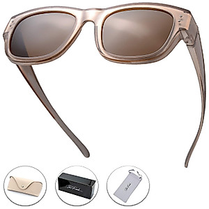 The Fresh High Definition Polarized Wrap Around Shield Oversized Sunglasses for Large Prescription Glasses - Gift Box Package (F602-Champagne for Large Glasses, Brown)