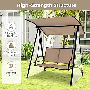 HAPPYGRILL 2-Person Porch Swing with Canopy, Outdoor Patio Swing Chair with Heavy-Duty Metal Frame, Breathable & Durable Seat Fabric, Patio Loveseat Swing for Backyard, Balcony, Poolside