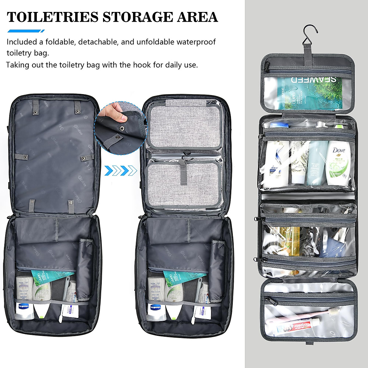 LOKASS 55L Travel Backpack All in One Carry on Backpack/Handbag/Shoulder bag, Flight Approved Travel Essentials Luggage Bag for Business Trip Travel, with Removable Toiletries Display Bag