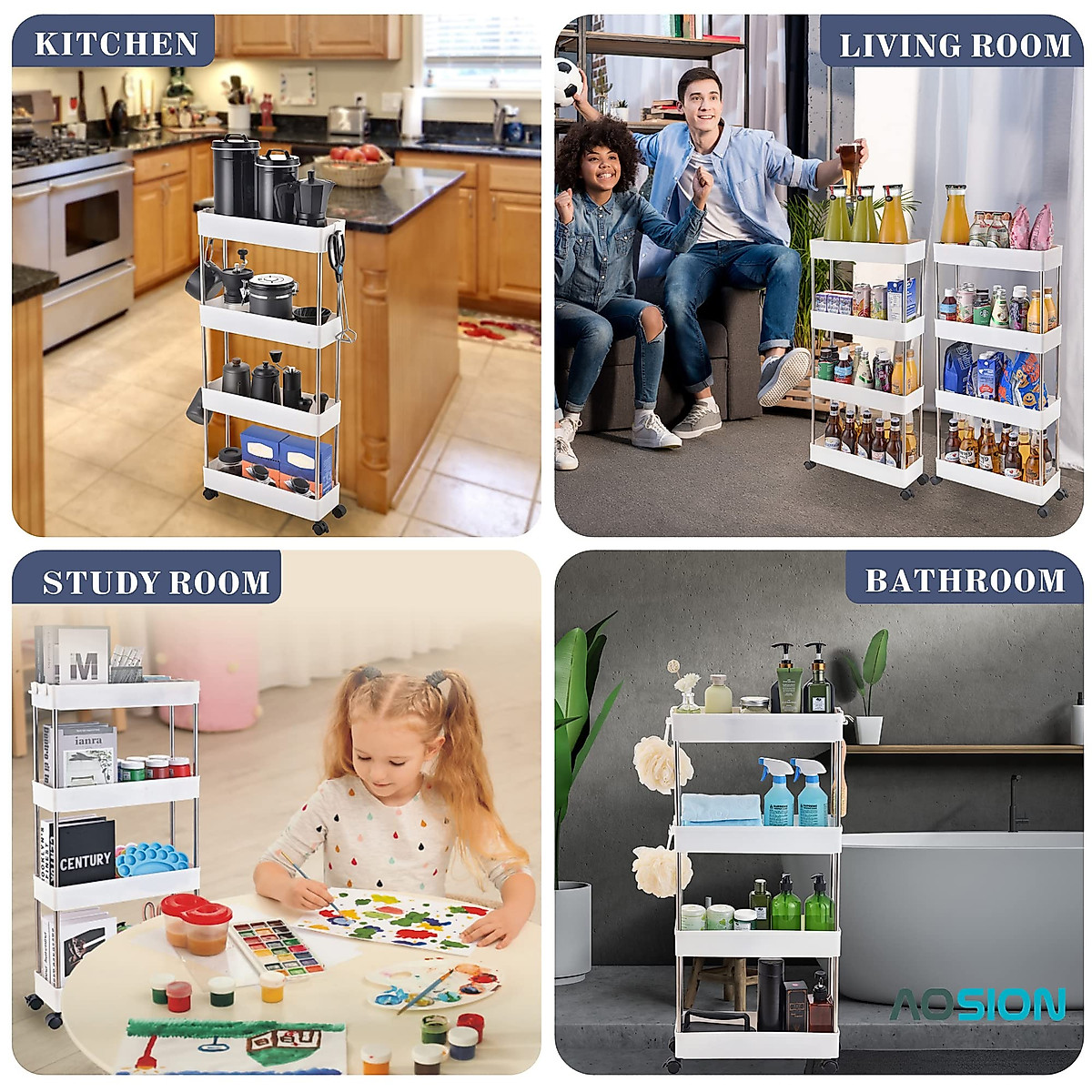 AOSION Slim Storage Cart with Wheels, White, 5.1in Width, 4-Tier Kitchen Storage Organizer, Waterproof and Rust-Proof