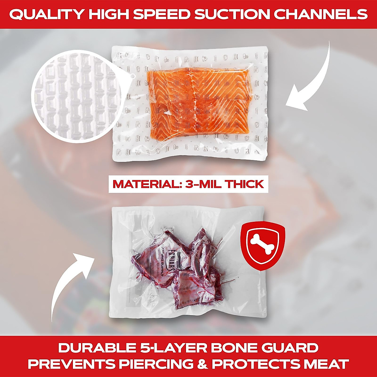 FORJARS Vacuum Sealer Bags Rolls Airtight Food Storage and Method Sous Vide Cooking - Perfect for Food Storage and Cooking - Ideal for Home and Commercial Use (11INx50FT)