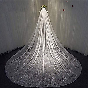Unsutuo Cathedral 1 Tier Bride Wedding Veil Sparkling Long Bridal Tulle Veil with Comb Drop Veil Cut Edge for Bride (118''W, White)