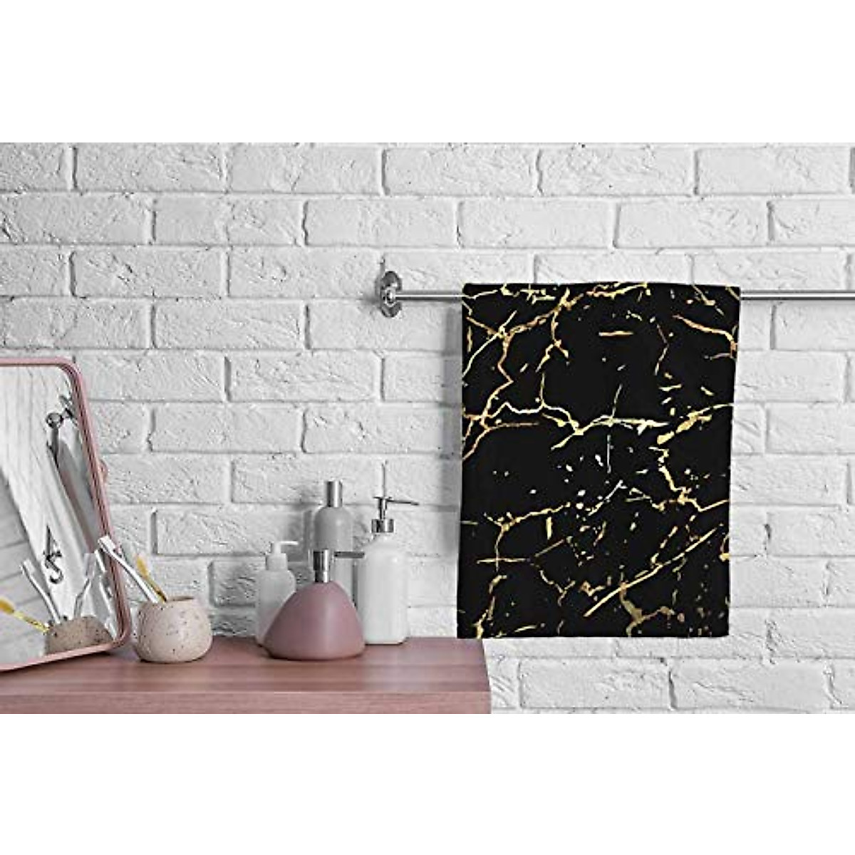 oFloral Gold Black Marble Hand Towels Cotton Washcloths,Marbling Texture Art Print Comfortable Soft Towels for Bathroom/Kitchen/Yoga/Golf/Hair/Face Towel for Men/Women/Girl/Boys 15X30 Inch