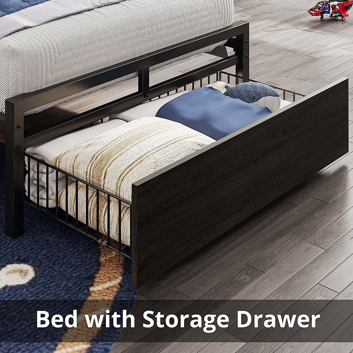 LIKIMIO Twin XL Bed Frames with Drawer, Storage Headboard with Outlets, No Box Spring Needed, Easy Assembly, Gray Black