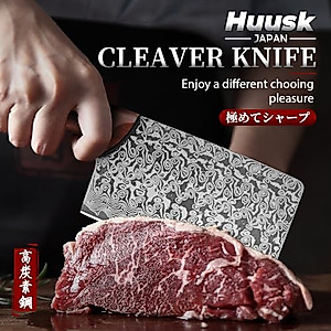 Huusk Meat Cleaver Knife ，Japanese Butcher Knife for Meat Cutting Vegetable Cleavers with Ergonomic Handle Chopping Knives， Hand Forged Full Tang Knife for Kitchen or Camping Christmas Gift