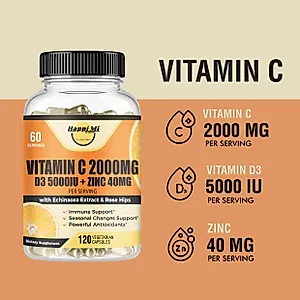 Happi Mi Nutrition Vitamin C 2000MG, Zinc 40 mg, Vitamin D3 5000 IU, Echinacea Extract, Rose Hip, Immune Support for Adults & Kids, Immune Booster,120 Vegan Caps, 60 Day Supply, Non GMO, No Filler