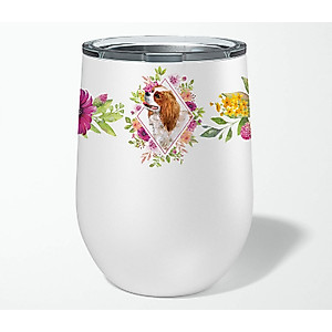 Caroline's Treasures CK4126TBL12 Cavalier King Charles Spaniel Pink Flowers Stainless Steel 12 oz Stemless Wine Glass Insulated Wine Tumbler with Lid, Cute Travel Cup for Coffee, Cocktails, Gift Women