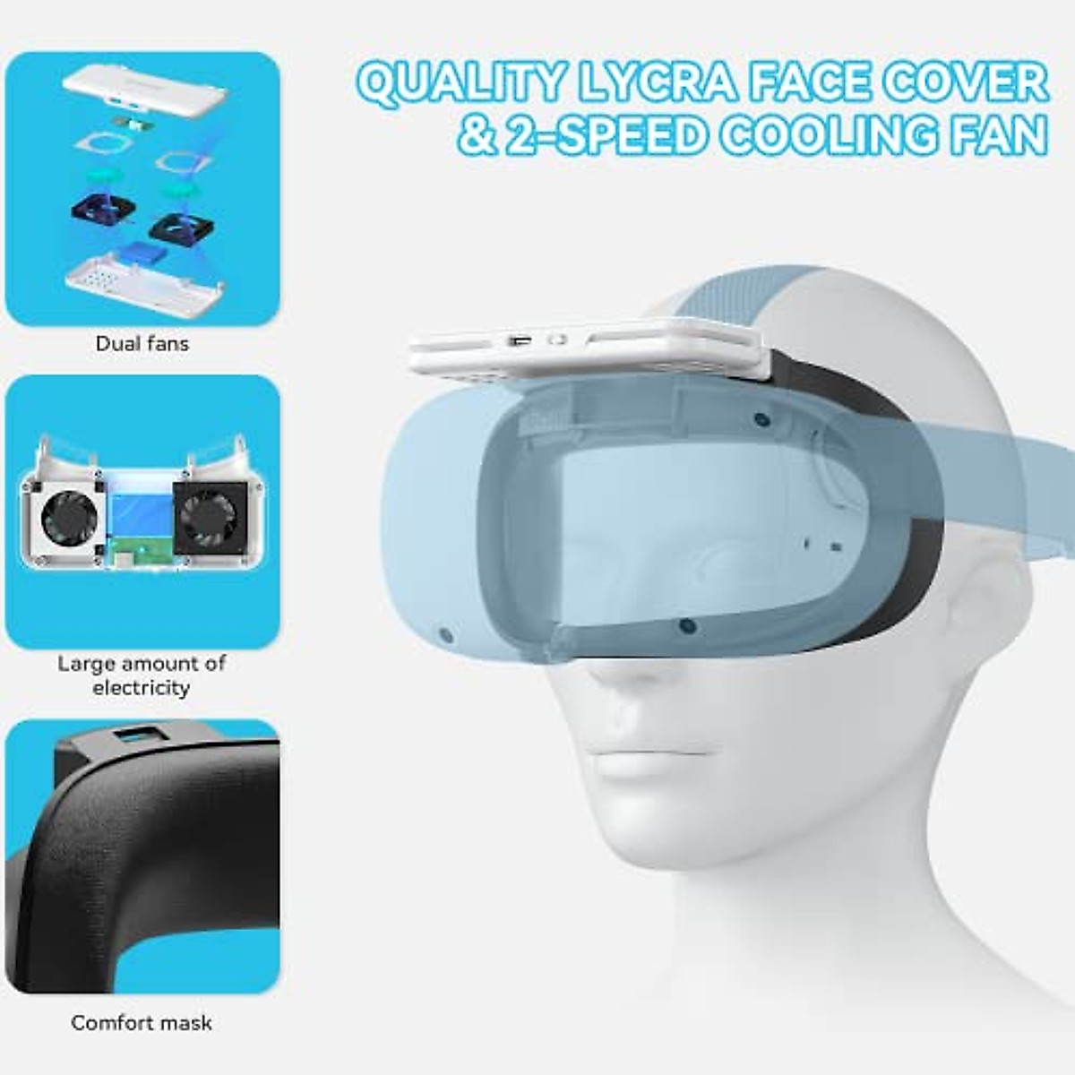 HiBloks Cooling Fan Face Cover for Meta/Oculus Quest 2 Accessories, Soft Lycra Cotton, Quest 2 Cooling Fan Active Air Circulation Ventilation to Relieve Lens Fogging (2 Speeds)
