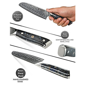 SANMUZUO Santoku Knife - 7 inch - Xuan Series - VG10 Damascus Steel Kitchen Knife - Resin Handle (Starry Black)