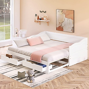 RUNWON Twin to King Size Wooden Daybed with Put-out Trundle Bed and Storage Drawers,Versatile and Expandable Bed Frame for Kids Adults