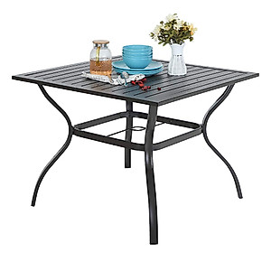 Sophia & William 37" Square Patio Outdoor Dining Table with 1.57" Umbrella Hole, All-Weather Resistant Table with E-Coating for 4 People, Black Metal Steel Slated Table for Garden Backyard Poolside