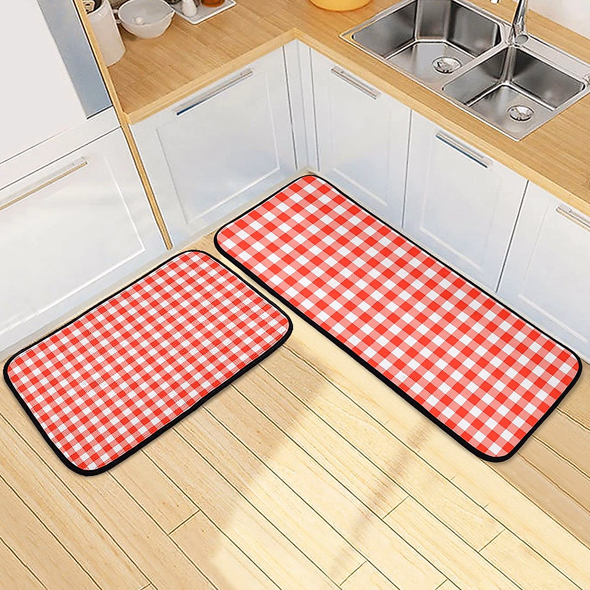 Kigai Kitchen Rugs 2 Piece Waterproof Non Slip Kitchen Mat Red & White Checked Kitchen Rug Set for Sink Office Kitchen Cafe, 19.7"x47.2"+19.7"x27.6"
