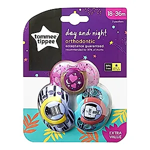 Tommee Tippee Day and Night Pacifiers, Symmetrical Design, BPA-Free Silicone Binkies, 18-36m, 3-Count, Colors and Designs May Vary