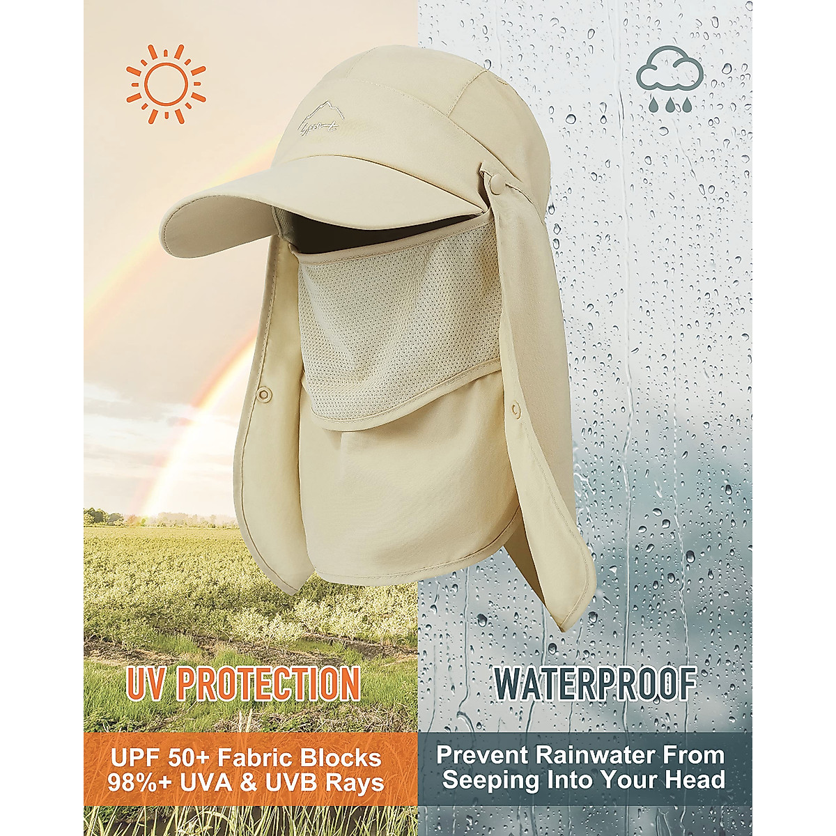 Koreshion Men Women Fishing Hat Outdoor UV Protection Sun Hat 4 in 1 Summer Hat Baseball Cap Visor Hat with Removable Mesh Face Cover & Neck Flap Beige