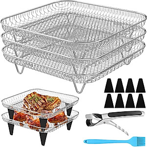 Air Fryer Accessories with 8pcs Foot Cover - 8" Square 3 Stackable Dehydrator Racks Fits 5.8 QT Air Fryer Racks for Cosori, Instant Vortex, Nuwave Air Fryer, Ninja Foodi Grill 304 Stainless Steel