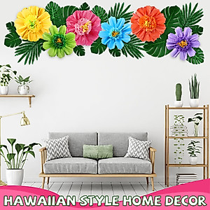 40 Pcs Large Paper Flowers and Artificial Tropical Leaves, 24''/12'' Jumbo 3D Chroma Paper Flowers Faux Leaves for Safari Jungle Hawaiian Luau Party Birthday Wedding BBQ Table Decor (Palm Leaf)