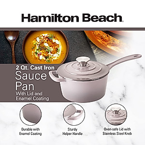 Hamilton Beach Enameled Cast Iron Sauce Pan 2-Quart Navy, Cream Enamel coating, Pot For Stove top and Oven Cooking, Even Heat Distribution, Safe Up to 400 Degrees, Durable